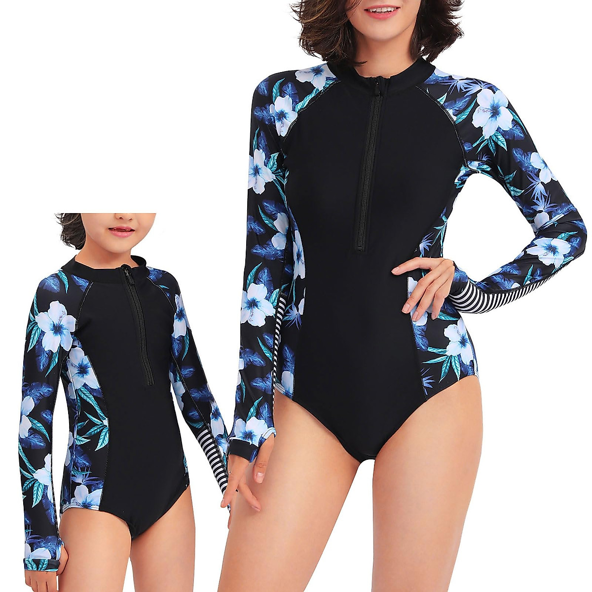 Mommy and Me Matching Swimsuit with Long-Sleeve: Girls 11 12 Years One Piece Rash Guard Bathing Suit UV UPF 50+ Sun Protection Printed Zipper Surfing Swimsuits