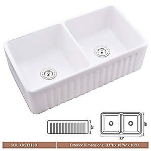 33 Inch Double Bowl Farmhouse Sink White -Bokaiya 33x18 Inch Fireclay Apron Front Double Bowl Kitchen Sink Porcelain Ceramic Reversible 50/50 Double Bowl Farm Sink