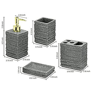 MyGift 4 Piece Gray Bathroom Accessories Set, Modern Stone Style Bath Decor Countertop Organizers Includes Brass Tone Lotion/Liquid Soap Dispenser Pump, Toothbrush Holder, Tumbler, and Soap Dish