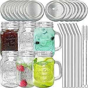 Pinkrella Mason Drinking Jars, 16 oz Glass Mugs Set of 6 with Handles, Airtight & Straw Lids, Glass Straws, Cleaning Brushes