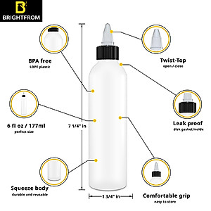 BRIGHTFROM Twist Top Applicator Bottles, Squeeze 6 OZ Empty Plastic Bottles, Refillable, Open/Close Nozzle - Multi Purpose (Pack of 2) (Black)