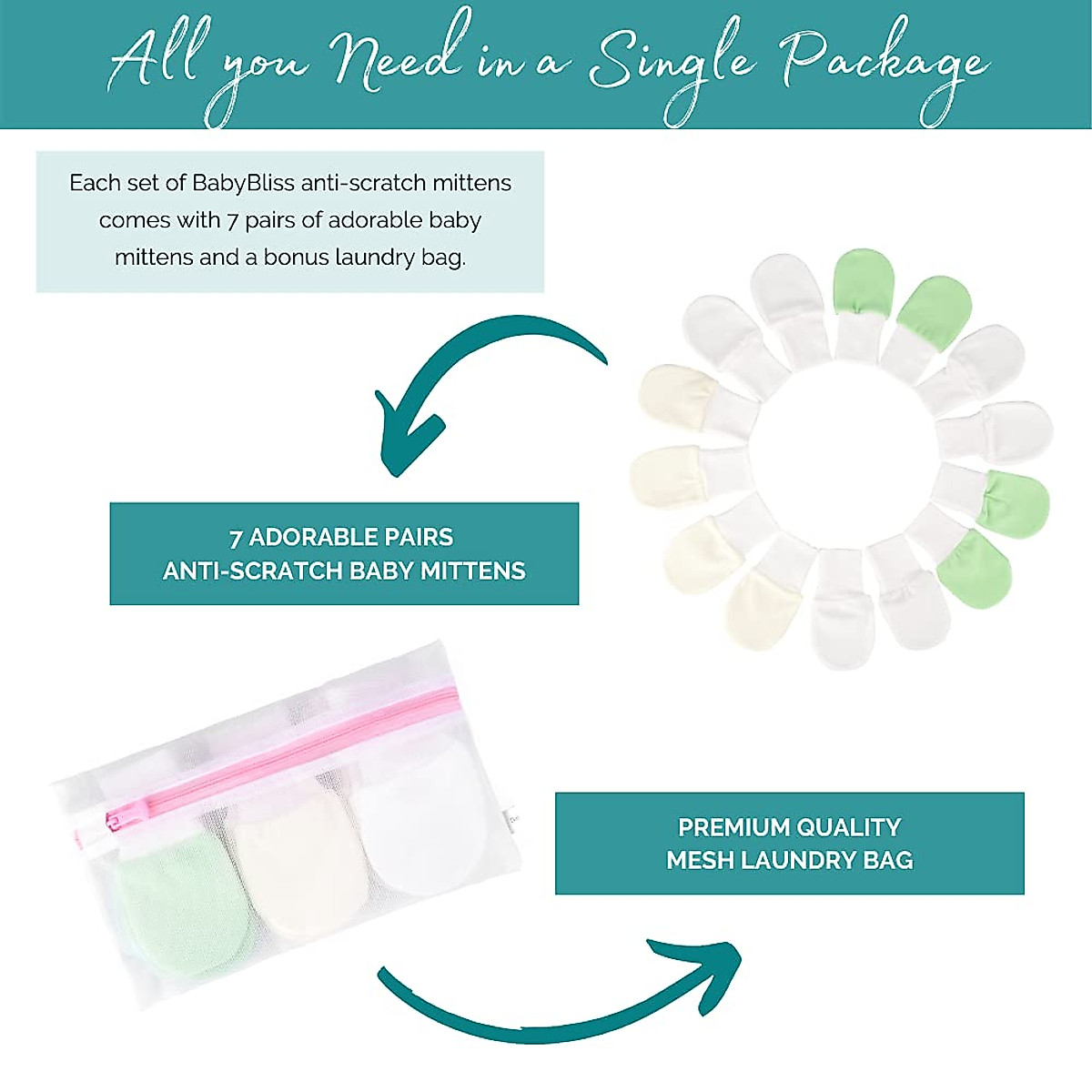 Anti-Scratch Baby Mittens - Pack of 7 Unisex Newborn Mitts - No Scratch Gloves for Boys and Girls - Cotton Gloves for Infants 0-6 Months Old with Laundry Bag (Large - for 3-6 Months)