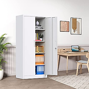Reemoon Metal Storage Cabinet with Locking Doors and Adjustable Shelves, 71" Tall Steel Storage Cabinet for Home Office, White