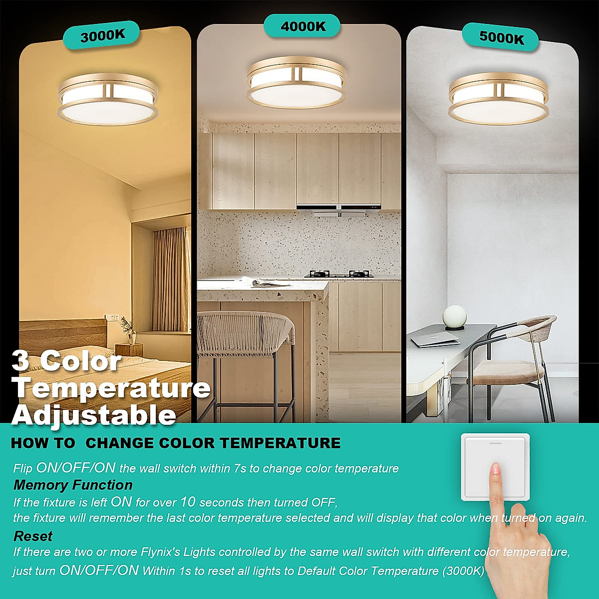 Flynix 12.5 Inch LED Flush Mount Ceiling Light Fixture, 26W, Super Bright 1700 Lumens, 3 Color 3000K/4000K/5000K, Dimmable Ceiling Lamp for Bedroom Hallway Bathroom Kitchen (Gold)