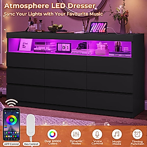 HAUOMS Black Dresser for Bedroom with LED Lights, Large Chest of Drawers Handle Free, Modern Long Dresser with 9 Drawers & Charging Station,for Living Room,Cloakroom,Entryway