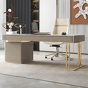 LAKIQ Modern Stone top Executive Desk with File Cabinet Storage Pedestal Home Office Desk Computer Desk Cable Management Rectangular Writing Table-Without Chair(55.1" L x 27.6" W x 29.5" H)