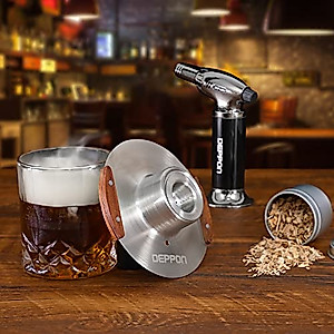 Cocktail Smoker Kit with Torch, Deppon Stainless Steel Smoker Top with 4 Kind of Wood Chips for Whisky and Bourbon, Old Fashioned Drink Smoker Kit for Home Bar Gift for Men, Dad, Husband (No Butane) (Silver)