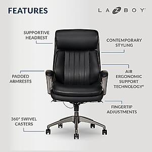 La-Z-Boy Nova Vegan Leather Modern Executive Ergonomic Design Office Chair, Memory Foam Thick Contoured Seat Back with Patented Lumbar Support Technology, Soft to Medium Sit Comfort, Black