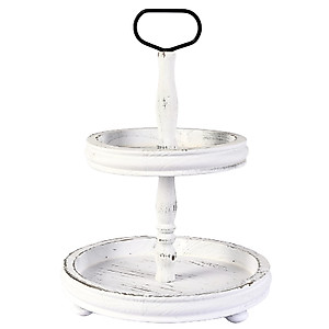 Wooden 2 Tiered Tray Stand Farmhouse with Metal Handle Round White Two Tier Tray for Home Kitchen Shelf Dinning Table Seasonal Holiday Decorations