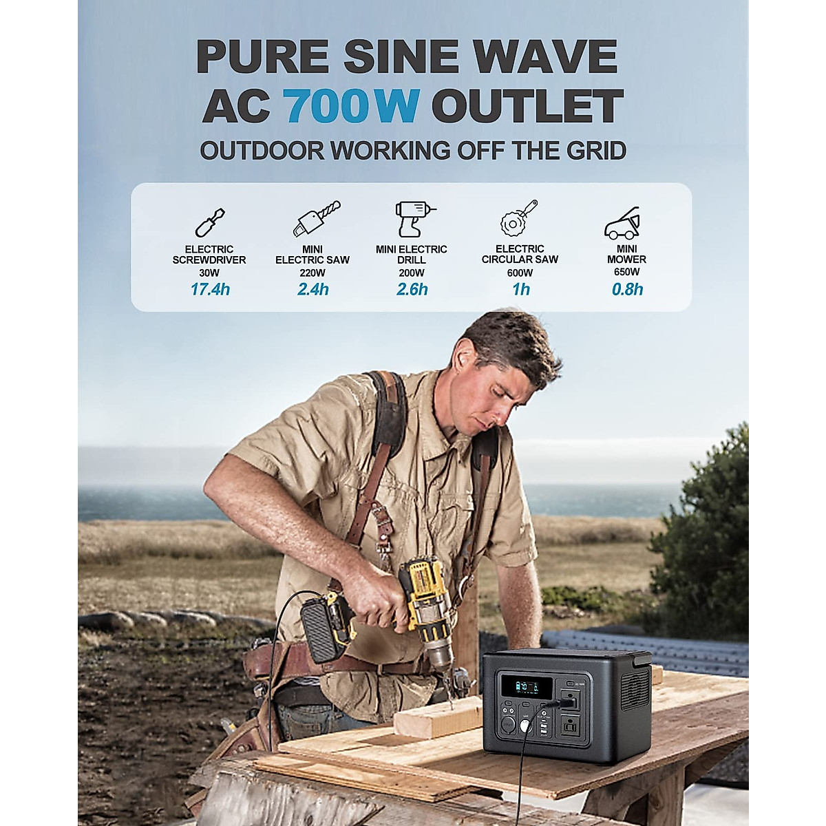 Powdeom 700W Portable Power Station with AC Outlet, 614Wh LiFePO4 Battery Backup Power Supply, 500W AC Input Recharge 0-80% Within 1 Hour for Camping, Outdoors, Off-grid Life