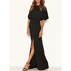 Happy Sailed Womens Batwing Sleeve Tie Waist Long Maxi Dress Side Split Formal Party Dresses Evening Gown Black Medium