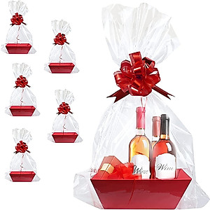 Upper Midland Products [5PK Large Red Baskets For Gifts Empty To Fill| Bulk Gift Basket Kit- 10x12” Big Red Basket | 5 Cellophane Bags | 5 Pack Red Pull Bows
