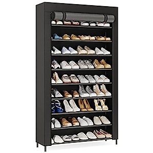 10 Tier Shoes Rack with Cover, Shoes Racks Organizer for Closet, Black Vertical Shoe Shelf for Entryway,50 Pair Large Shoe Stand, Non-Woven Shoe Storage Cabinet