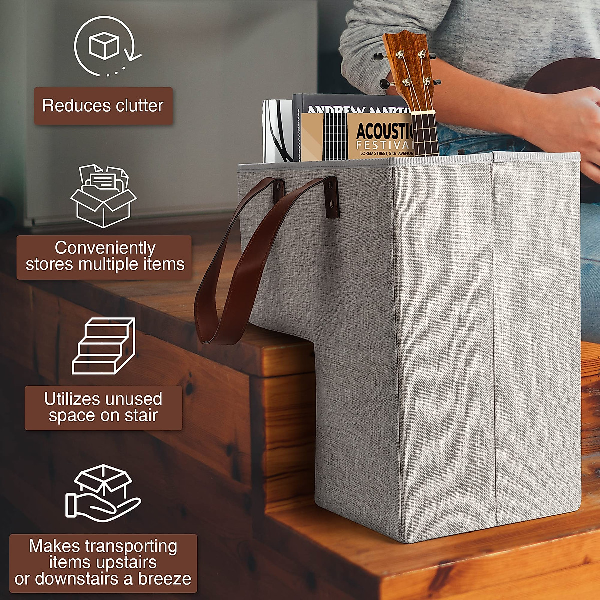 SAM AND MABEL Stair Baskets for Carpeted and Wooden Stairs – 16" L x 10" W x 16" H Staircase Basket with Handles, Collapsible Stairstep Storage Organizer for Home and Office Decor (Natural Beige)