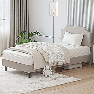 LIKIMIO Twin Bed Frames, Upholstered Platform Bed Frame with Height Adjustable Headboard with Nailhead Trim, No Box Spring Needed/Wood Slat Support/Noise-Free, Beige
