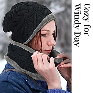 URECOVER Winter Beanie Scarf for Men - Black Slouchy Knit Fleece Cap for Women, Toboggan Hat Christmas Stocking Stuffers Birthday Gifts for Teens Unisex Adults
