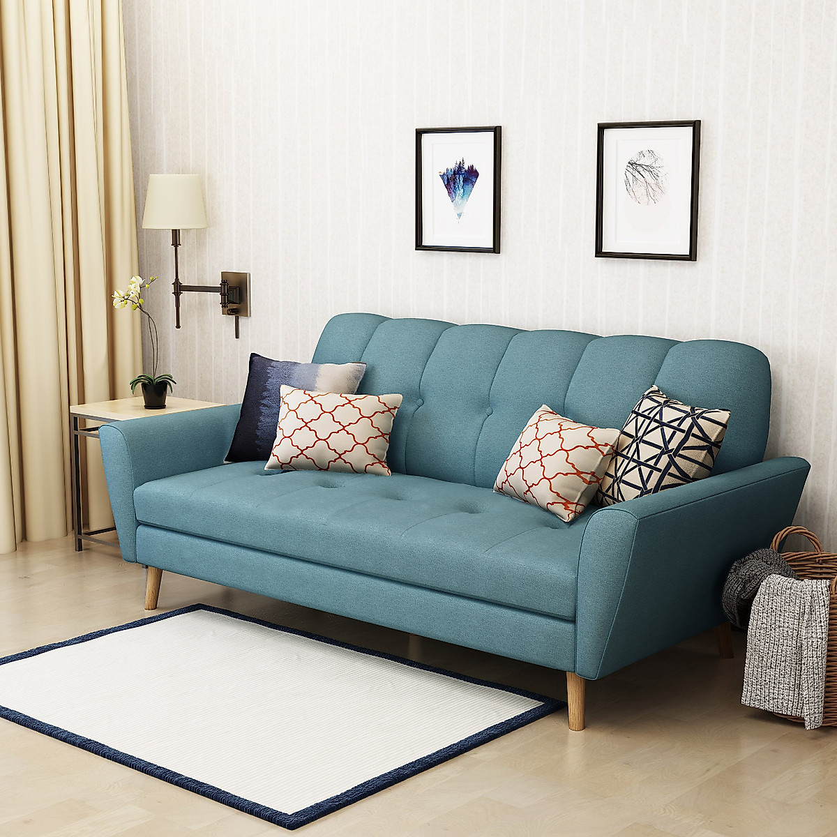 Christopher Knight Home Treston Mid-Century Fabric Sofa, Blue / Natural