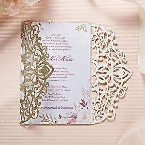 AdasBridal 50Pcs Glitter Floral Laser Cut Wedding Invitation Cards with Envelope Blank Inner Sheet and Ribbon for Wedding Engagement Bridal Shower Party Invite(7.09 X 4.92inch, Gold)