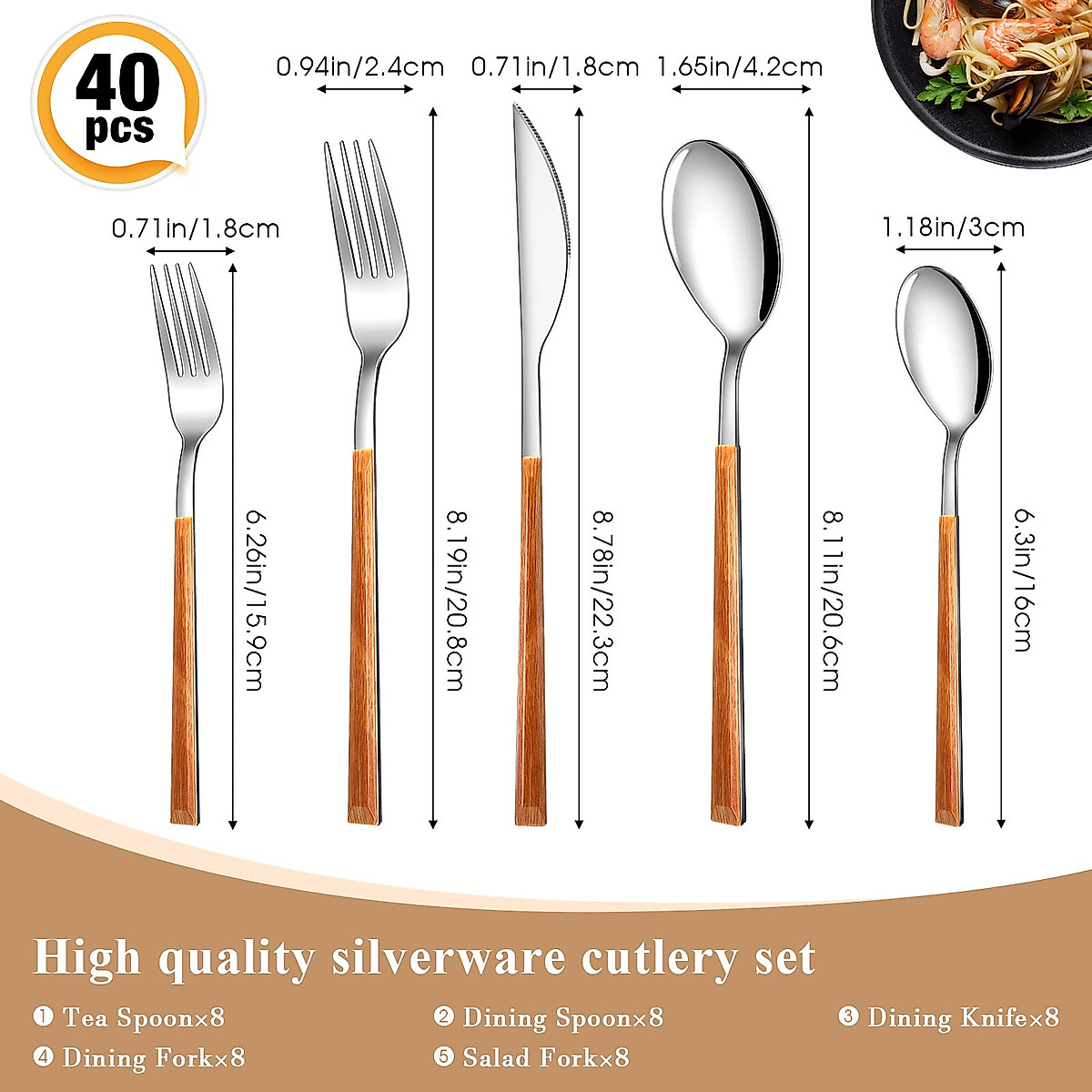 Wood Handle Silverware Set, Stainless Steel Cutlery Set with Imitation Wood Grain Handle Silver Mirror Polished Dishwasher Safe for Household Kitchen Utensils Restaurant Hotel Party (40)