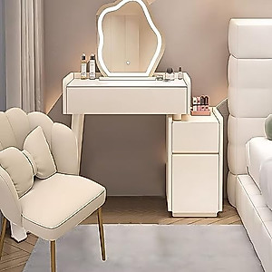 Attega Cute Vanity Desk Set, Makeup Vanity Table with Side Cabinet and Petal Chair, Dressing Table Set for Small Bedroom (White, 19 Inch)