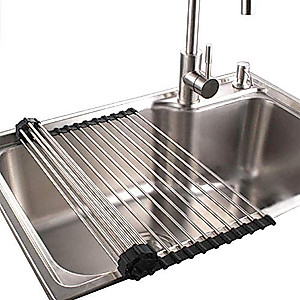 Roll up Dish Drying Rack RV Folding Over Sink 304 Stainless Steel in Kitchen Dish Drainer Heat Resistant Mat Multipurpose Portable Dish Trainer,Black,17x12inches