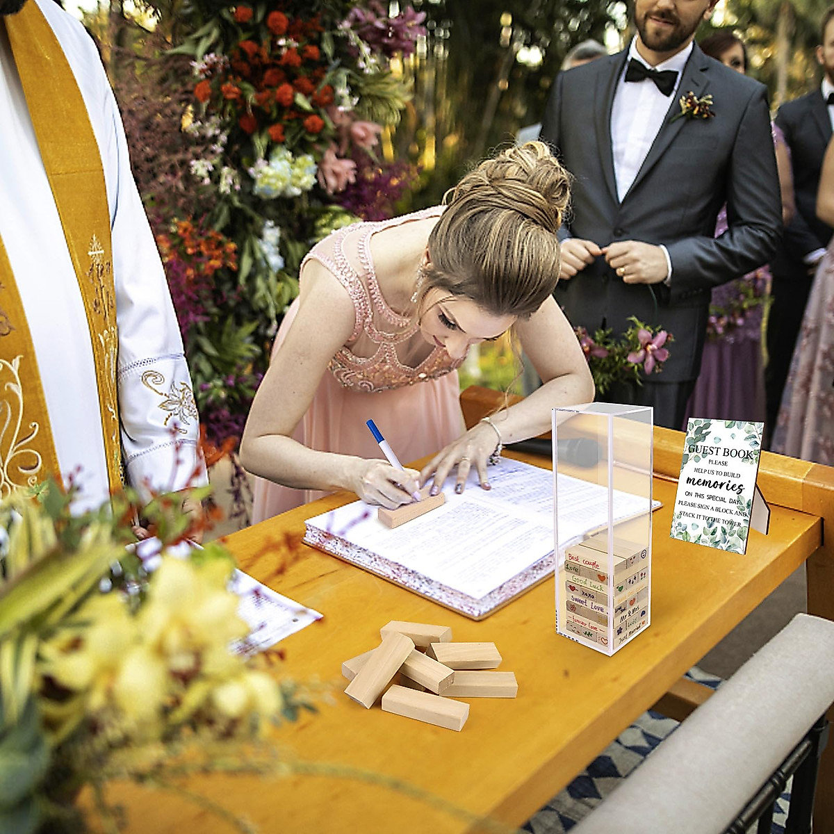 CosCosX 86 Pcs Wedding Guest Book Alternative Wooden Block in Acrylic Storage Box Guest Book for Wedding Sign in,24 Pcs Signature Pens Wedding Bridal Baby Shower Game Decorations for Sign in,Reception