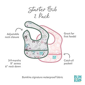 Bumkins Starter Bib, Baby Bib Infant, Waterproof Fabric, Fits Infants and Babies 3-9 Months - Floral & Lace (2-Pack)