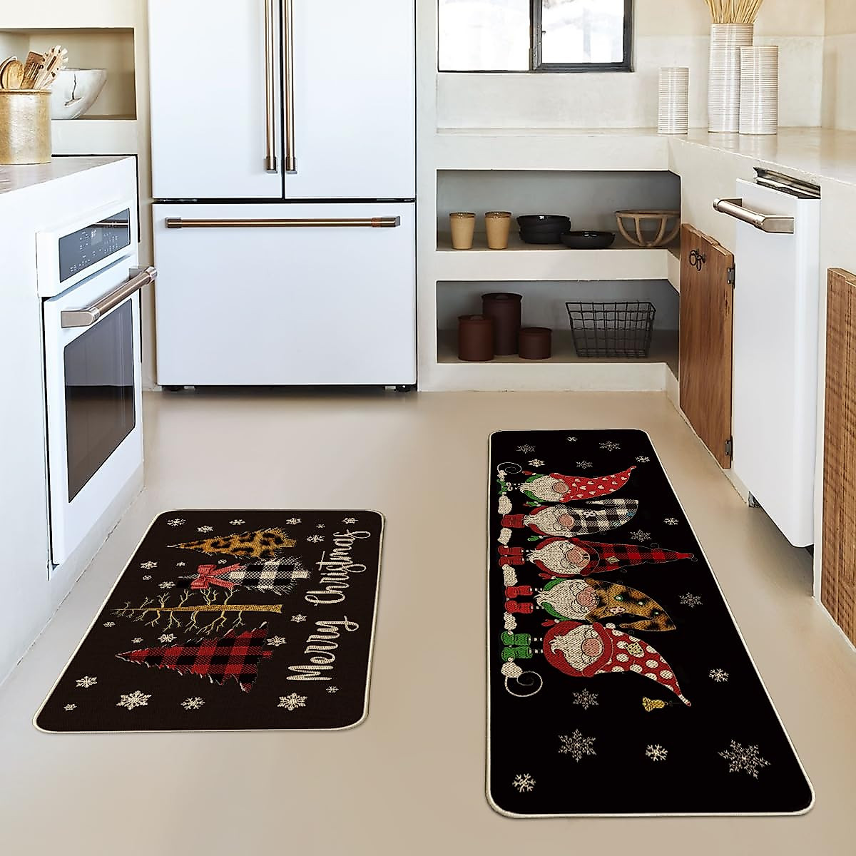 Artoid Mode Buffalo Plaid Tree Gnomes Black Christmas Kitchen Rugs Set of 2, Winter Low-Profile Floor Mat Merry Home Decora for Floor - 17x29 and 17x47 Inch