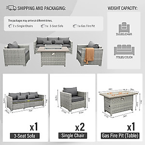 WAROOM Outdoor Patio Furniture Set 4 Piece Wicker Furniture Patio Conversation Sets PE Rattan Patio Chairs Couch Sectional Sofa with Fire Pit Table, Grey Cushion
