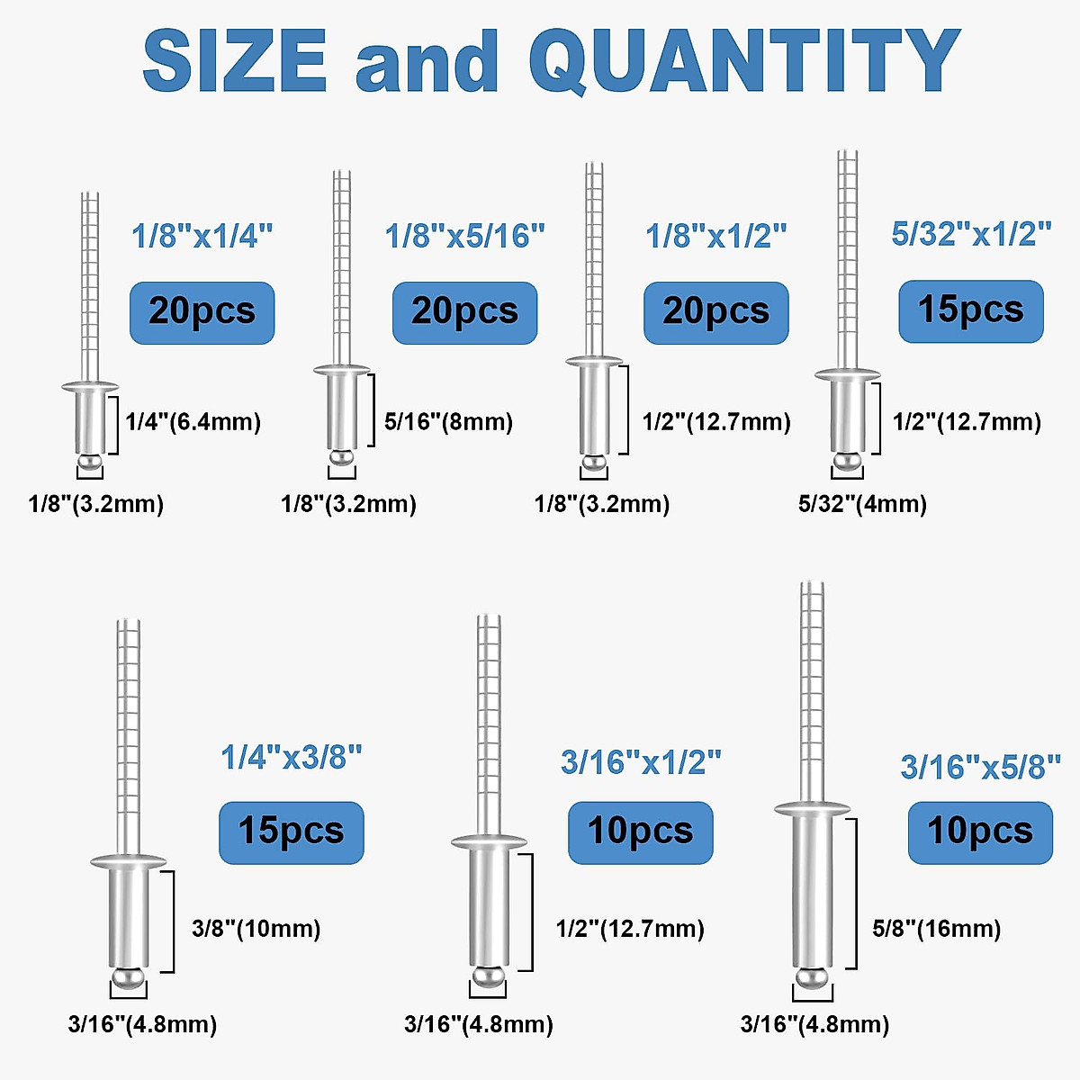 Seept 110pcs Steel Rivets 7-Sizes 304 Stainless Steel Pop Rivets Assortment Kit 1/8",5/32",3/16" Pop Rivets Stainless Steel Blind Rivets kit Rosette Rivets Stainless Steel Rivet