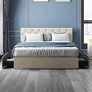 Mixoy Bed Frame with 4 Storage Drawers and Headboard,Cal King Size Upholstered Bed Frame with Curved Button Tufted,Rhombic Stitched,No Box Spring Needed/Easy Assembly/No Mattress(Cal King,Beige)