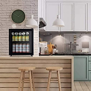 Mini Fridge Glass Door 60 Cans Beverage Cooler Refrigerator Mini Beer Fridge 1.6 cu.ft Organizer for Drinks Soda Wine Small Refrigerator with Blue LED for Home Office Dorm