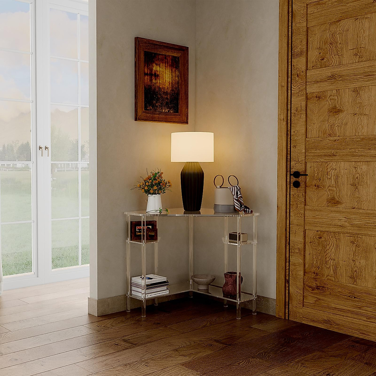 Eglaf Acrylic Triangle Corner Desk - Computer Desk with Storage for Small Space, 90-Degrees, 28.5 x 28.5 inches, Home Office Desk Study Desk, for Living Room, Bedroom, Office, Easy Assembly