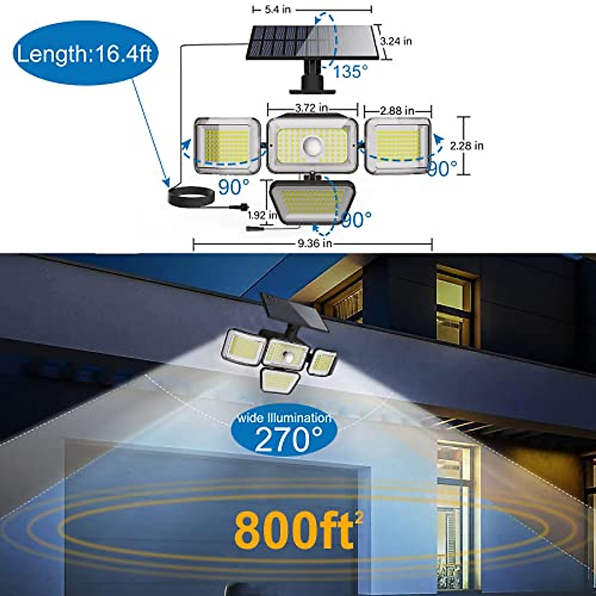 NUNET Solar Motion Sensor Lights Outdoor 278 LEDs PIR Security Solar Flood Lights w.Detachable 1.5W Solar Panel 3 Modes Remote IP65 Waterproof 4 Heads 270°Angle Wall Lamp for Shed Yard(1 Pack)