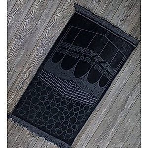 Modefa Islamic Prayer Rug - Soft Beautiful Turkish Prayer Mat for Men & Women - Solid Janamaz Sajada Carpet - Ramadan or Eid Gift - with Prayer Beads Tesbih and Kufi Cap- Luxury Velvet (KB Black)