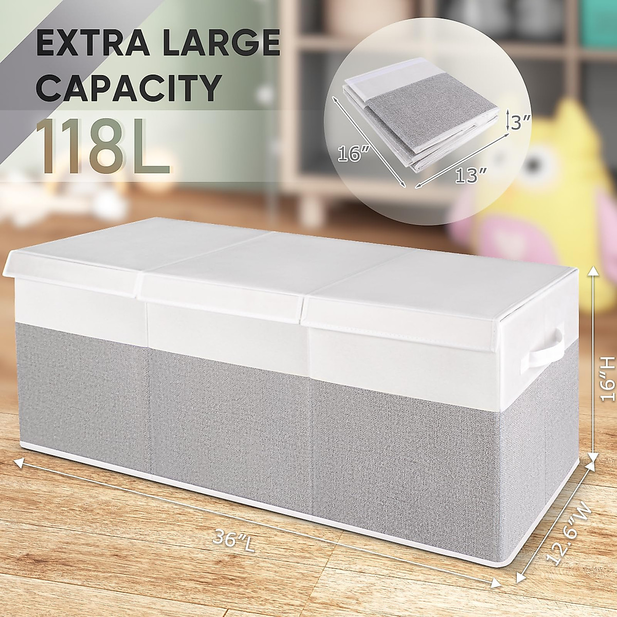 Kids Toy Box, Extra Large Toy Chest for Boy and Girl, 118L Toy Storage Organizer Stuffed Animals Holder with Removable Divider and Sturdy Handle for Nursery, Bedroom, Living room, 36"L x 12.6"W x 16"H