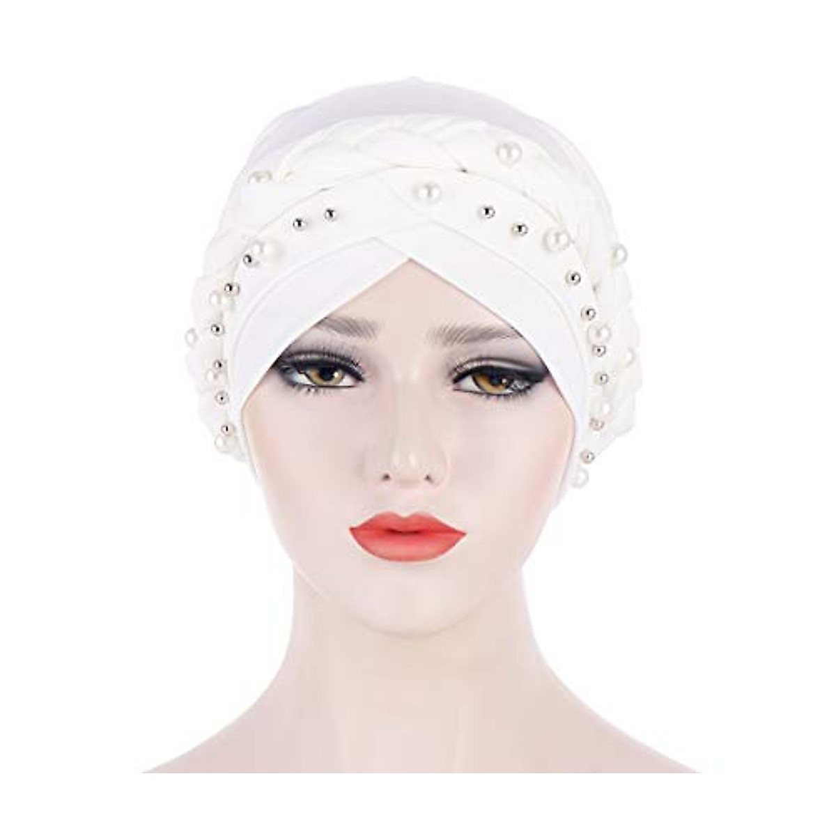 Fxhixiy Women Hijab Beading Pearl Braid Turban Hat Head Scarf Cancer Chemo Beanies Bandana Headwrap Cap (White)