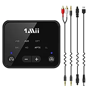 1Mii Bluetooth 5.2 Transmitter for TV to 2 Wireless Headphones, Long Range 100ft Bluetooth Adapter for TV aptX Low Latency& HD/Volume Control, Optical/USB/AUX/RCA Audio Inputs