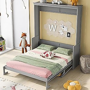 HBRR Queen Murphy Bed Chest, Versatile Cabinet BedFrame for Guest Room Home Office, Space-Saving, No Box Spring Needed, Gray w/Storage Shelf