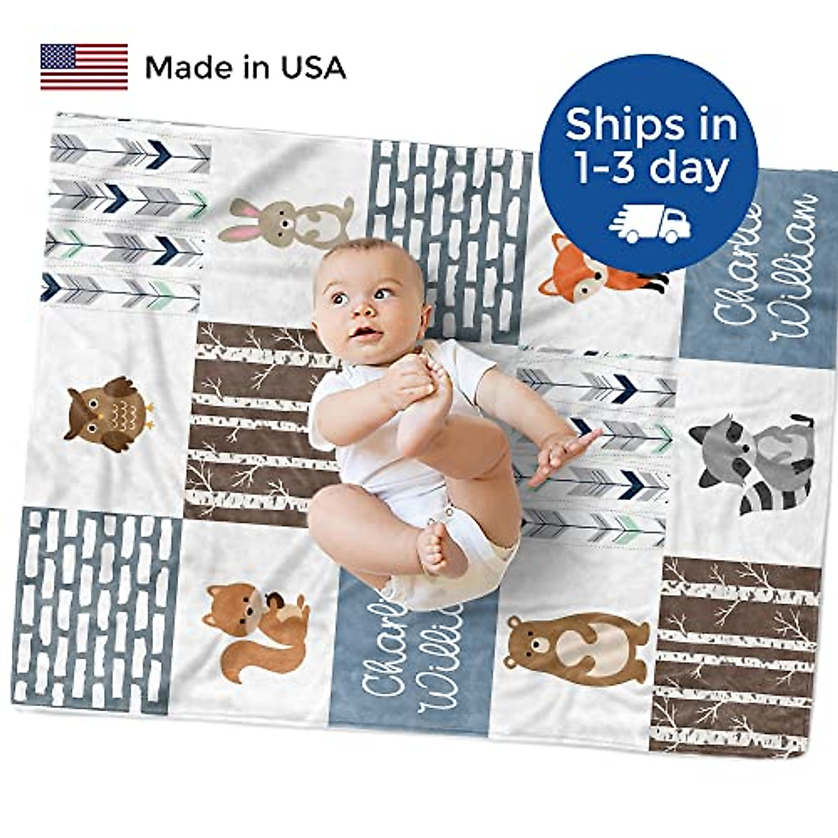 MDPrints Personalized Baby Blanket, Custom Baby Blankets for Boys and Girls, Customized Baby Gifts with Name, Newborn Gift (Woodland 214c)