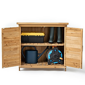 TAKUKA Outdoor Storage Cabinet with 2 Shelves, Wooden Garden Shed with Double Doors& Waterproof Roof，Outside Utility Tool Organizer for Garden Farm Backyard