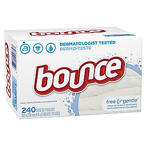 Bounce Free & Gentle Dryer Sheets, 240 Sheets, Unscented Fabric Softener Sheets, Hypoallergenic and Dermatologist Tested
