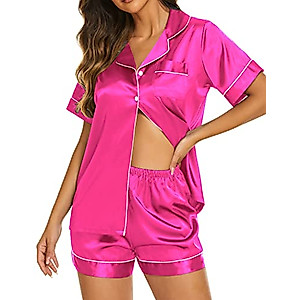 Ekouaer Pajamas Womens Satin Button Up Pjs Silk Short Sleeve Top with Shorts Set Summer 2 Piece Loungewear Rose Red,M