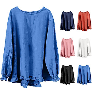 Target Online shoppingcute Country Concert Outfits Women's Cute Preppy Tops Long Sleeve Crewneck Cotton Linen Tops Solid Color Plain Top Fall Fashion Shirts Blouse Blue 2XL