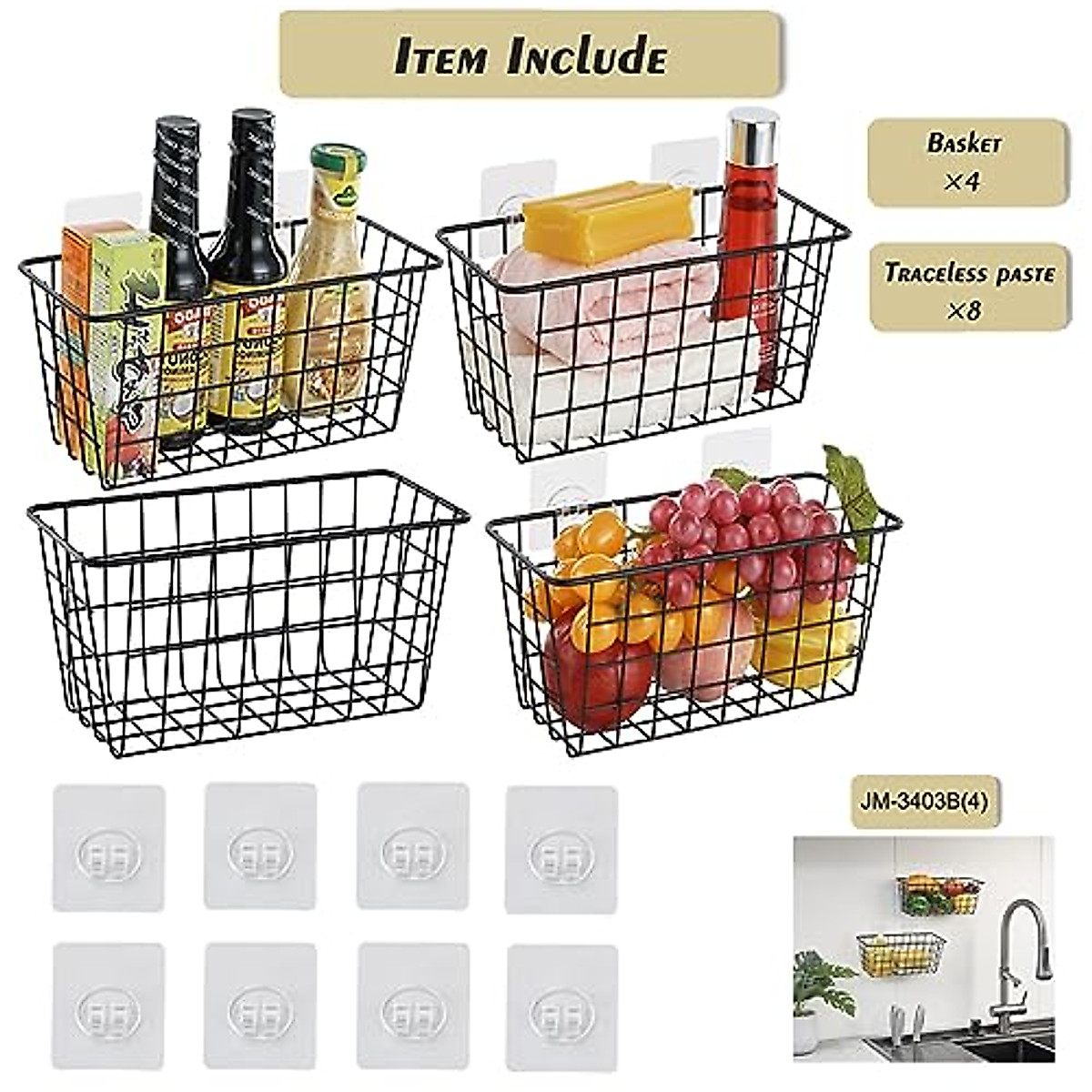 4 Pack Hanging Sorage Basket, Bathroom Basket, Household Goods Storage Basket, with Traceless Tape, no Drilling, for Cabinet Storage, Kitchen, Bathroom, Storage Room(4 Black)