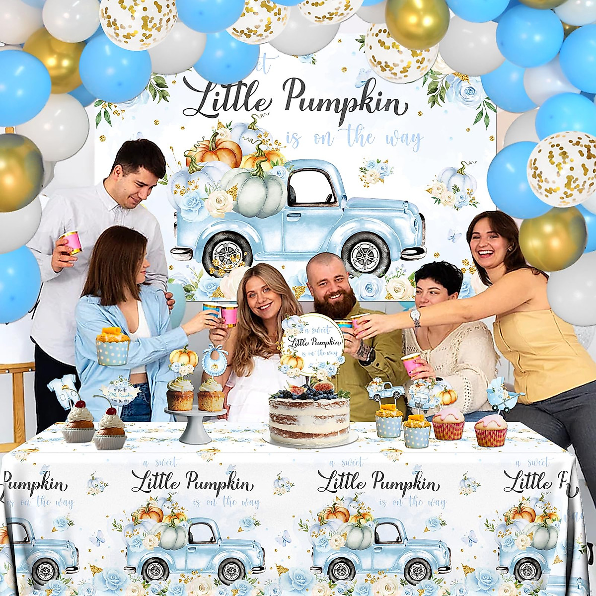 Little Pumpkin Baby Shower Decorations for Boy, A Sweet Little Pumpkin Is on the Way Blue Backdrop Balloon Garland Kit for Fall Autumn Thanksgiving Baby Shower Background Party Supplies