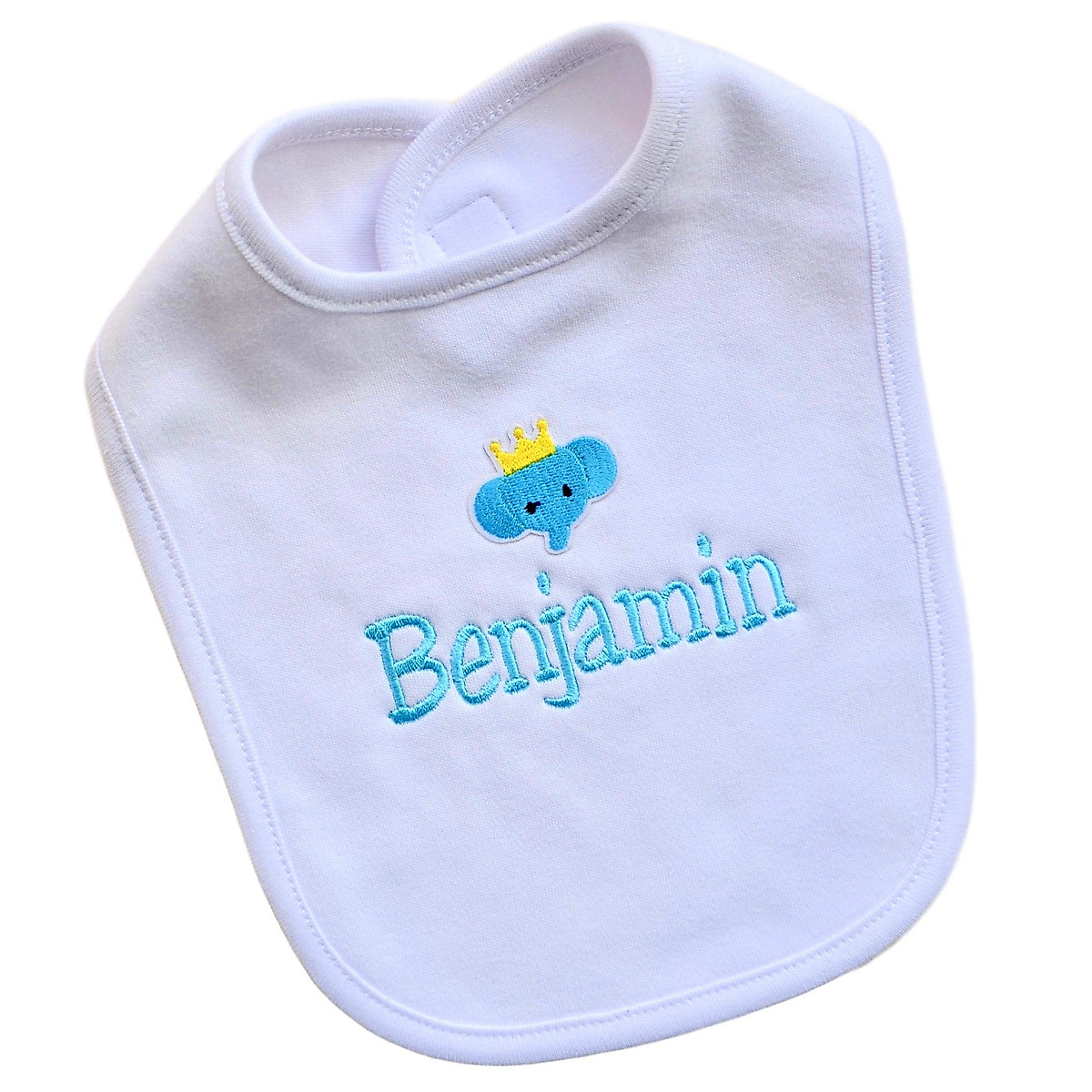 Funny Girl Designs Personalized ELEPHANT Baby Bib with Embroidered Name and Matching Cotton Hat Baby Shower Keepsake Gift Set (Blue Set)