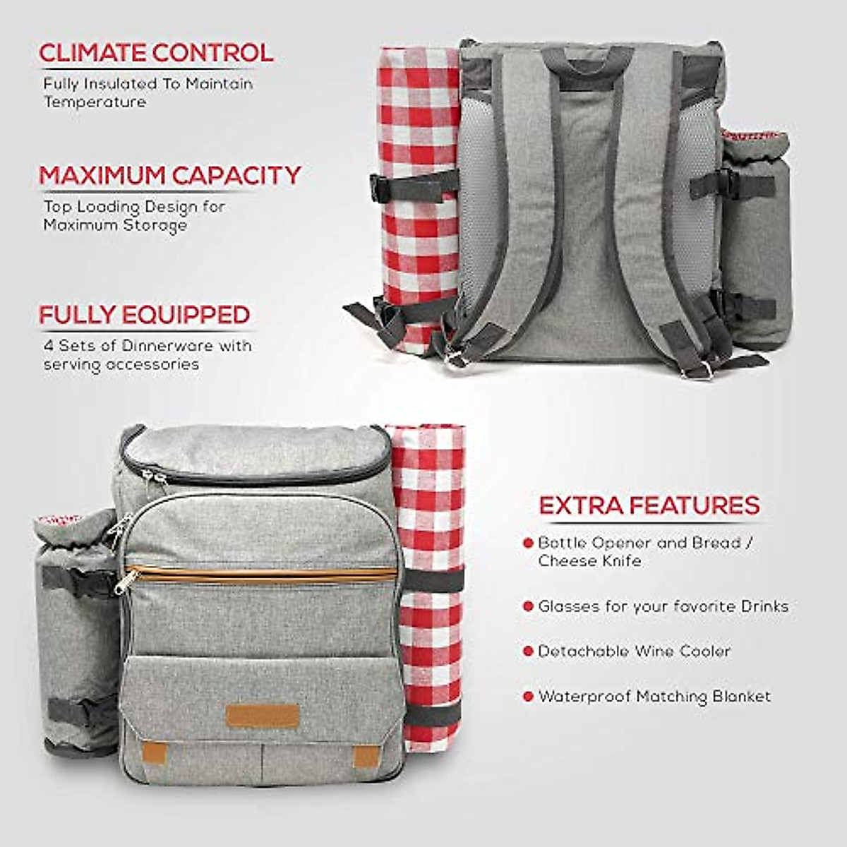 Nature Gear Picnic Backpack for 4 - Picnic Kit - 4 Person Insulated Picnic Set and Wine Backpack with Picnic Plates, Utensils, Cutlery, Waterproof Blanket, Cooler, and More - XL Classic Red