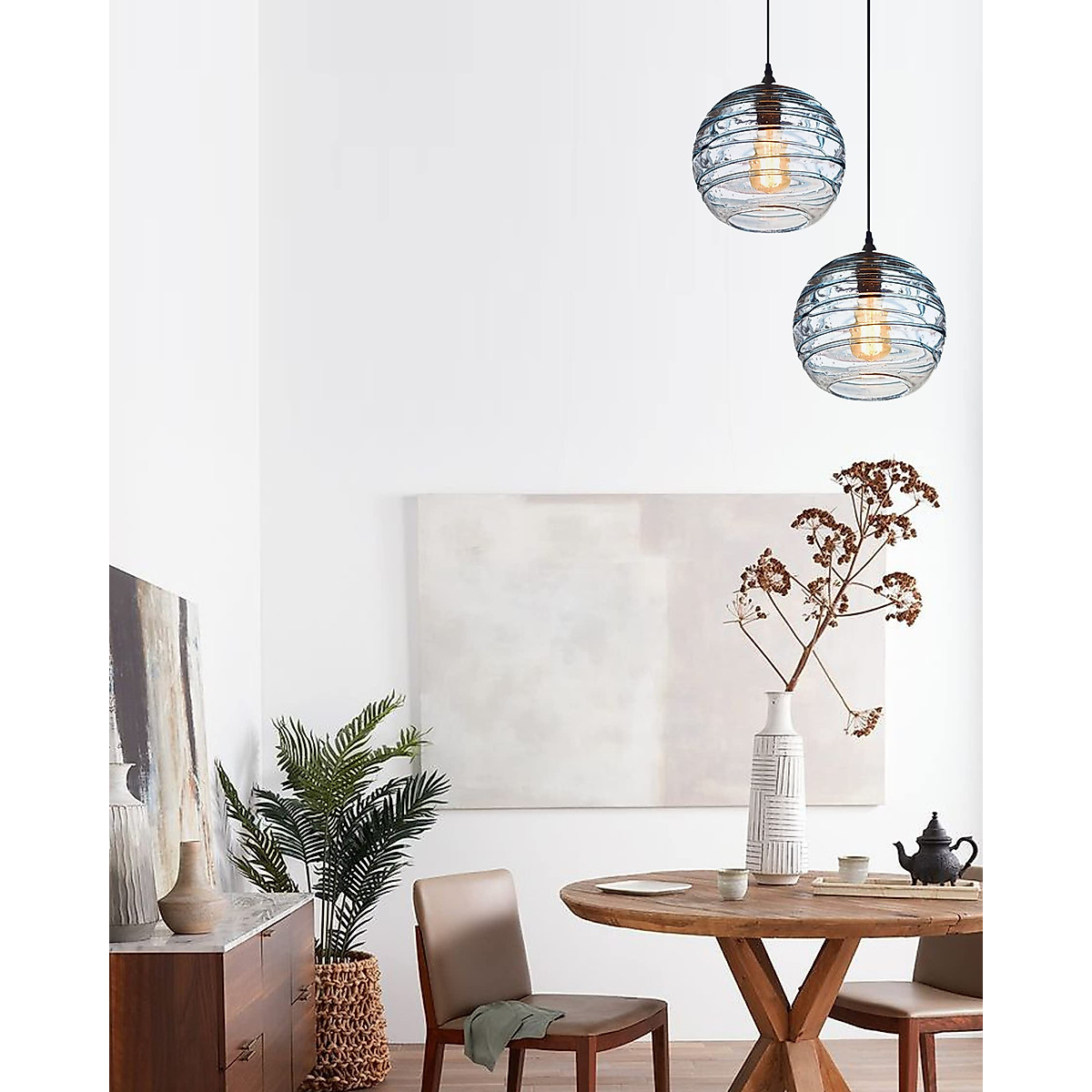 ARIAMOTION Pendant Lights Dining Room Coastal Lighting Fixtures Blue Stripe Seeded Glass Modern Style Ceiling Hanging Kitchen Island Beach House Sunroom Hallway Globe Lamp 9 Inch 2 Pack