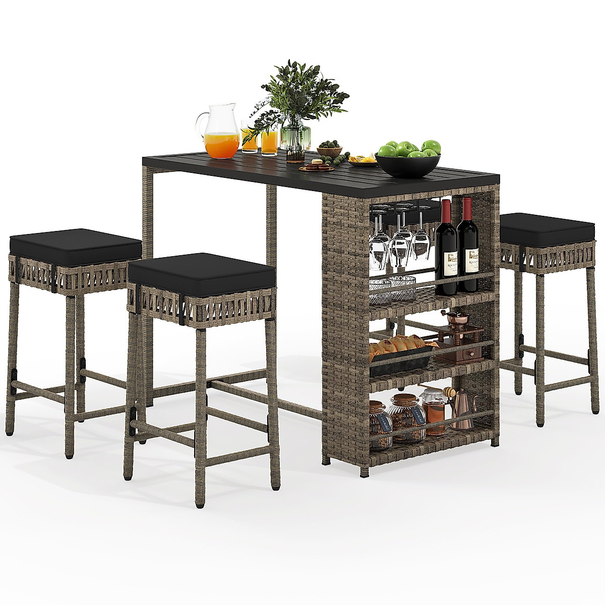 YITAHOME 5 Piece Patio Bar Set, Outdoor High Top Table and Chairs with Wine Glass Holder and Soft Cushions, Outdoor Wicker Furniture for Backyard, Garden Yard, Balcony, Brown Rattan